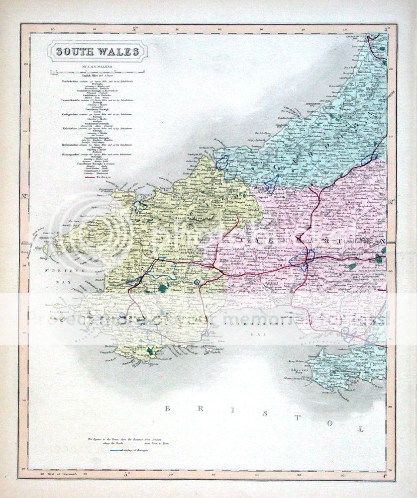 SOUTH WALES, Two Hand Coloured Antique County Railway Maps , British ...